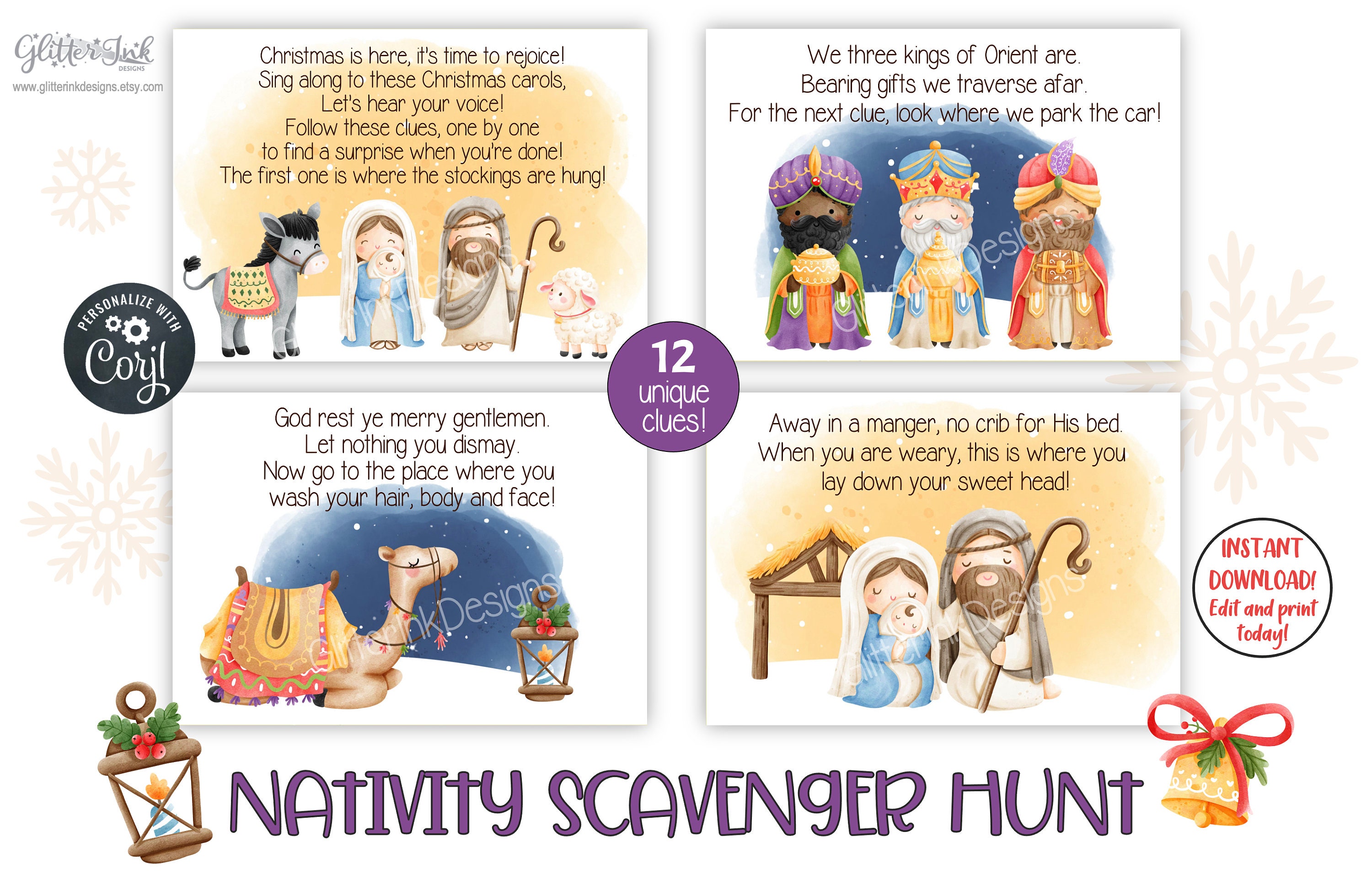 Nativity Scene Christmas Carols Scavenger Hunt Clue Cards for Kids ...