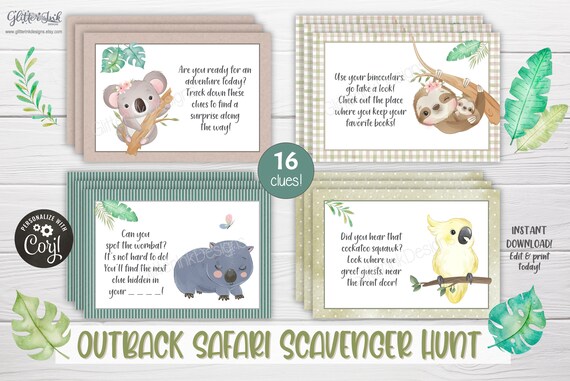 Jungle safari animal scavenger hunt clue cards / Australian outback ...