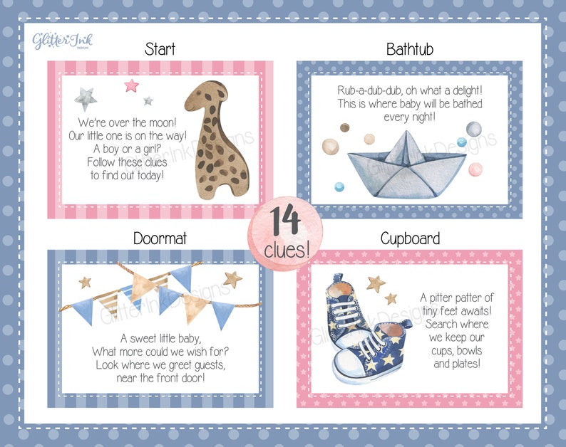 Gender Reveal Scavenger Hunt Clue Cards for Baby Shower Party Games ...