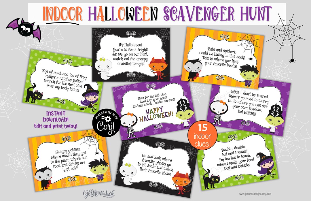 Indoor Halloween Scavenger Hunt Clue Cards / Kids Halloween Treasure ...