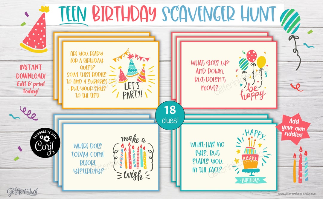 Teens Birthday Scavenger Hunt With Tricky Riddles, Teenager Tween Older ...