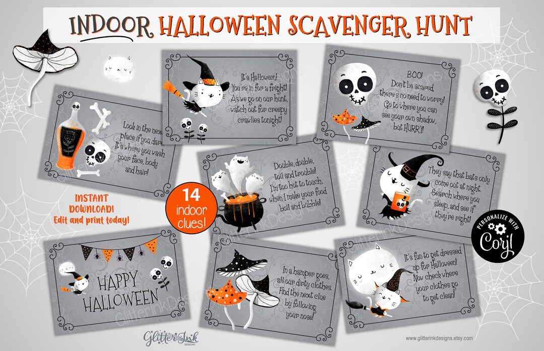 Indoor Halloween Scavenger Hunt / Kids Halloween Treasure Hunt Clues ...