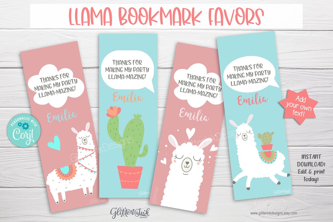 Llama Party Bookmark Favor / Llama Party Favors / Llama Thank You Cards ...