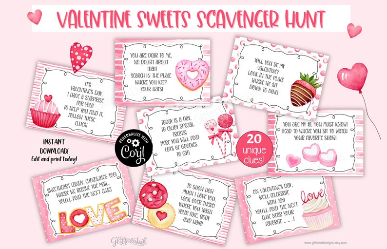 Valentine's Day Scavenger Hunt Clue Cards / Valentines Day Treasure ...