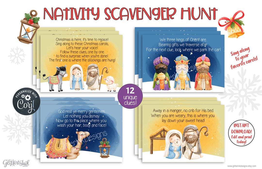 Nativity Scene Christmas Scavenger Hunt Clue Cards / Christmas Treasure ...