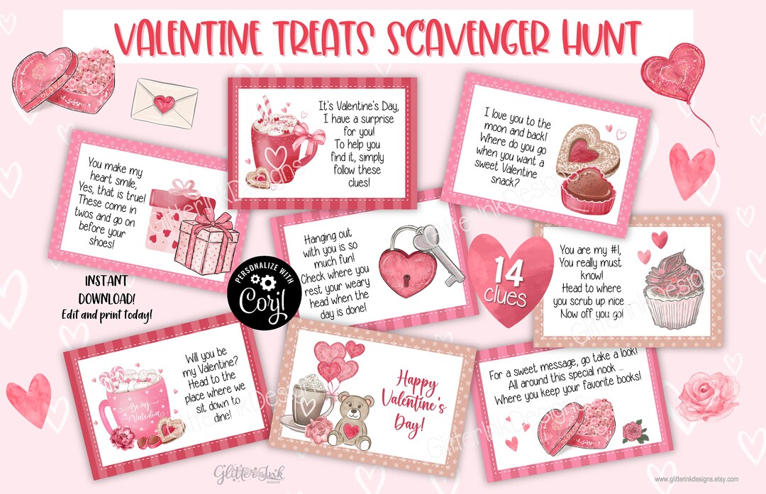 Valentine's Day Scavenger Hunt Clue Cards / Valentines Day Treasure ...