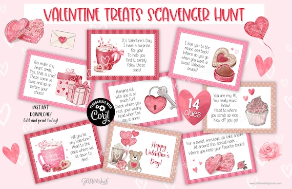 Valentine's Day scavenger hunt clue cards / Valentines Day treasure ...