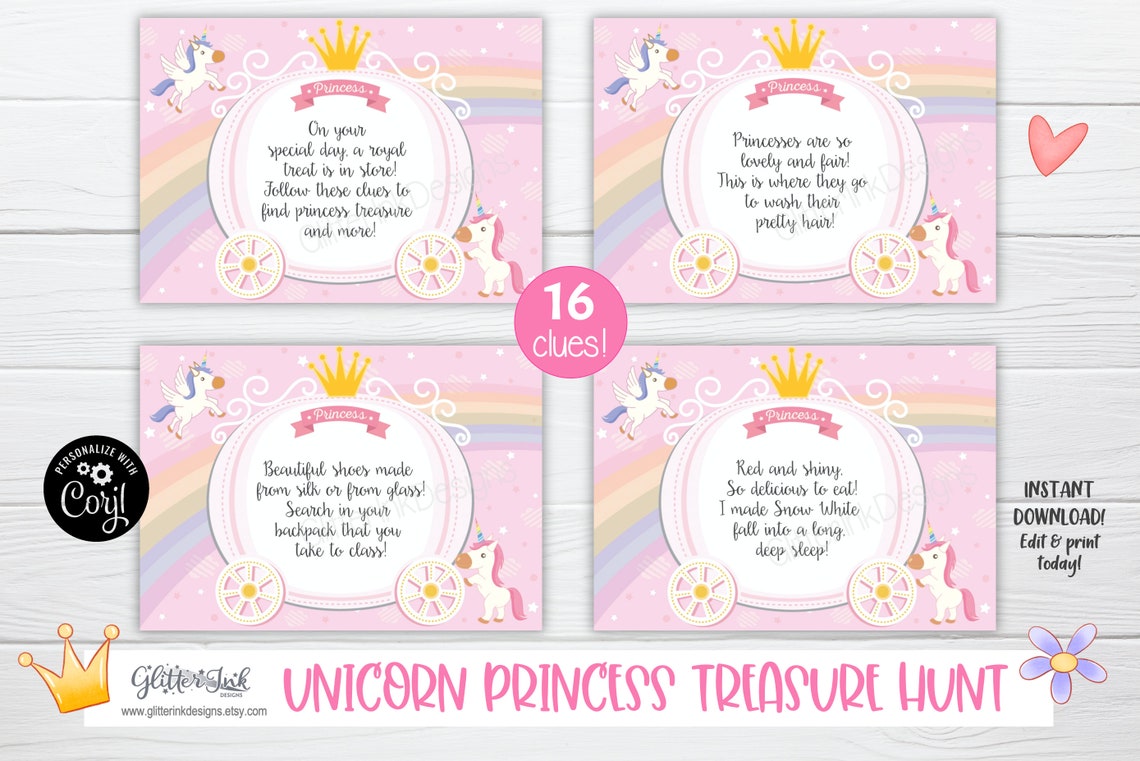 Princess Party Printable Treasure Hunt Clues, Fairytale Rainbow Unicorn ...