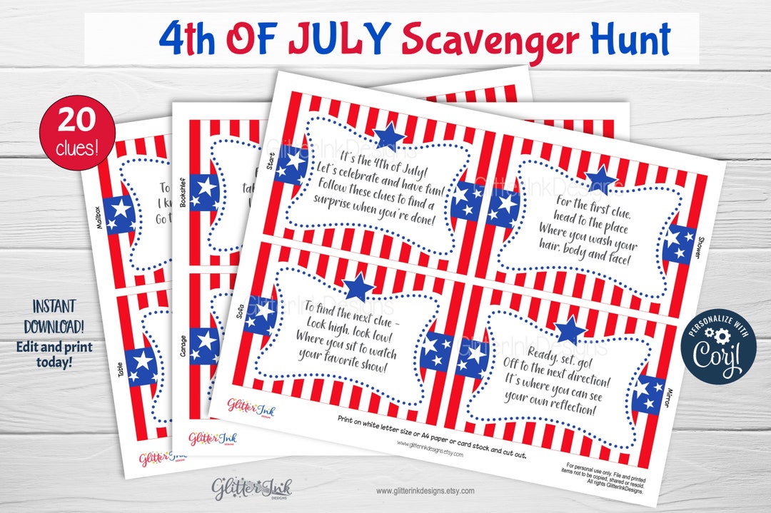 4th of July Scavenger Hunt Clue Cards / Fourth of July Treasure Hunt ...