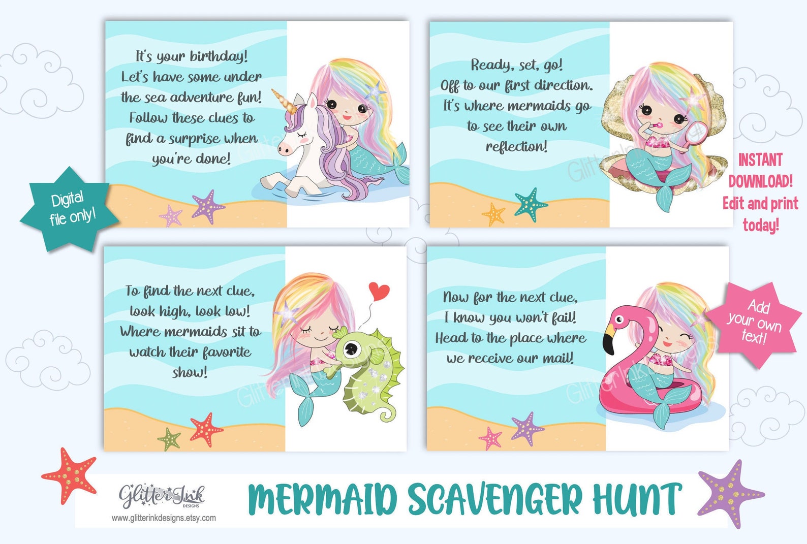 Mermaid Scavenger Hunt Clue Cards / Mermaid Treasure Hunt Clues for ...