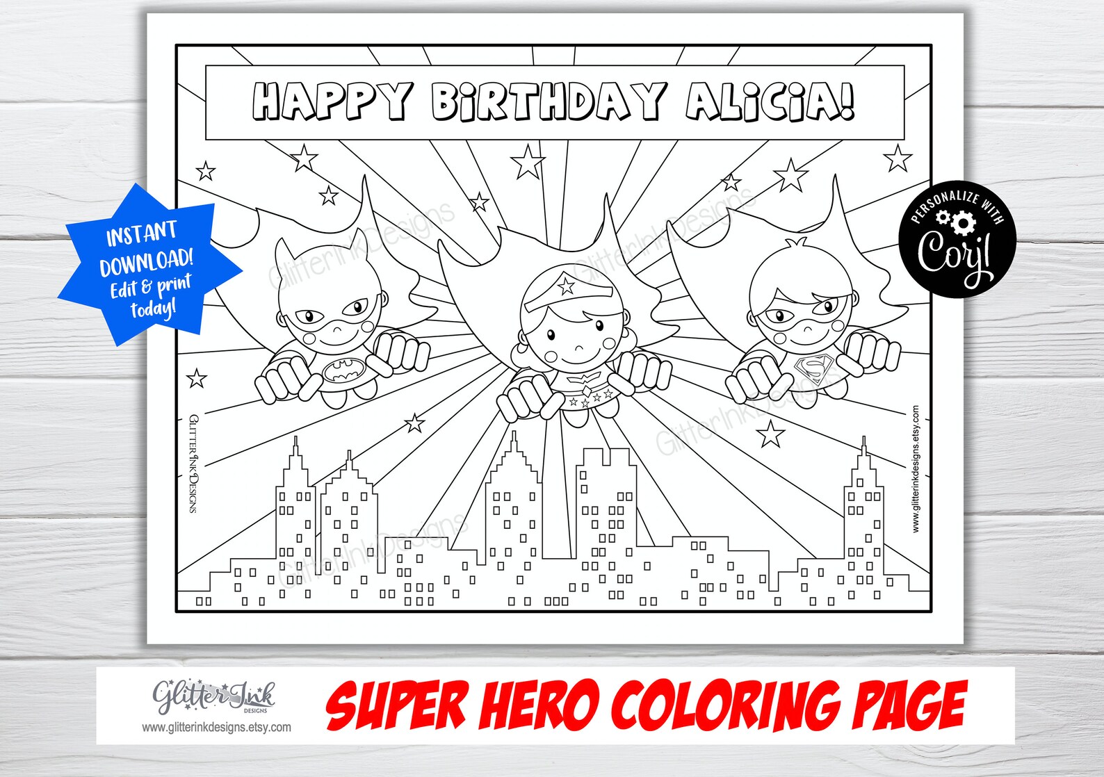 Super Hero Party Personalized Coloring Pages / Flying Super - Etsy