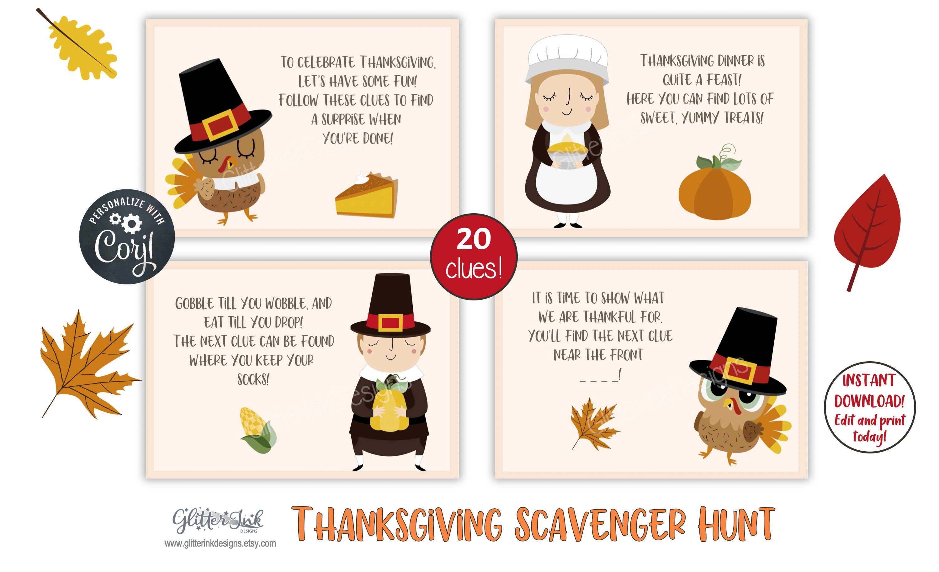 Thanksgiving Scavenger Hunt Clue Cards / Thanksgiving Treasure Hunt ...