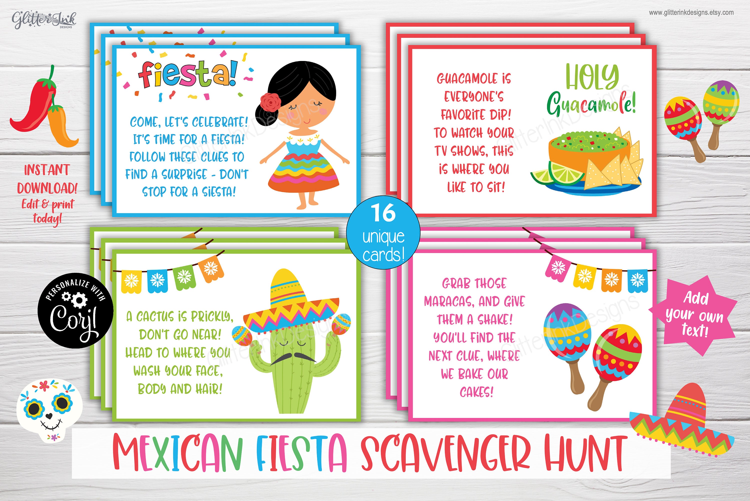 Mexican Birthday Scavenger Hunt Clues for Kids, Fiesta Printables Taco ...