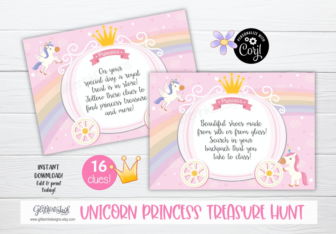 Princess Party Printable Treasure Hunt Clues, Fairytale Rainbow Unicorn ...