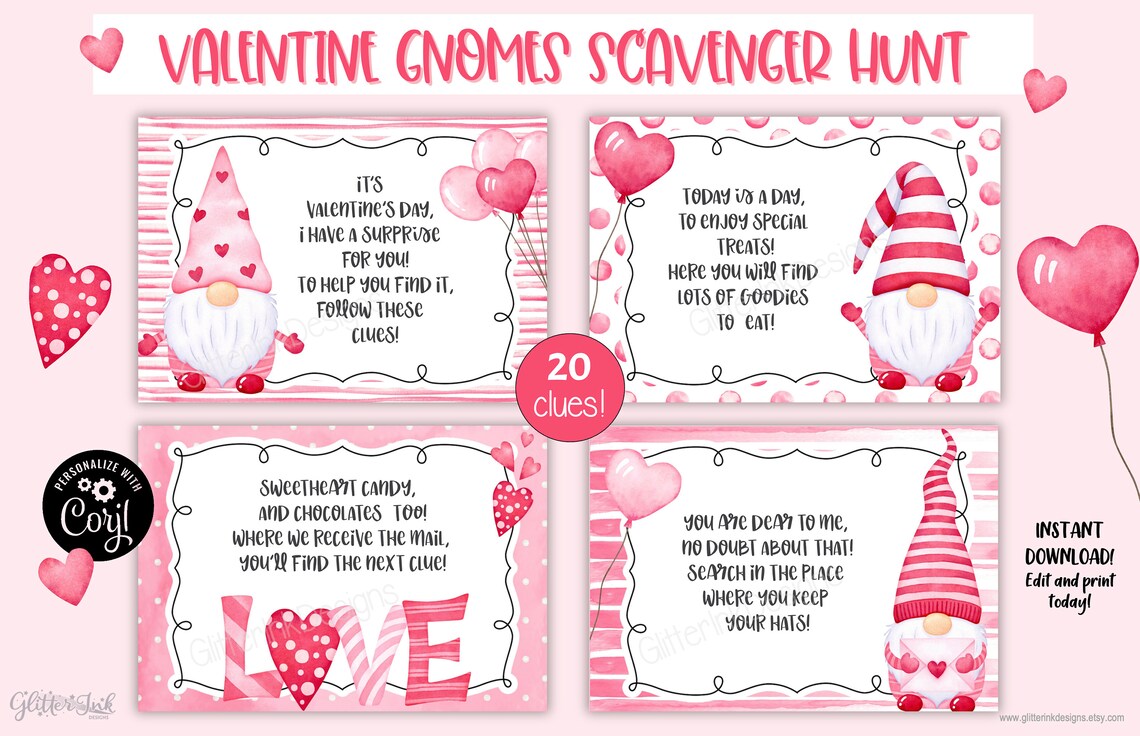 Valentine's Day Scavenger Hunt Clue Cards / Valentines Day Treasure ...