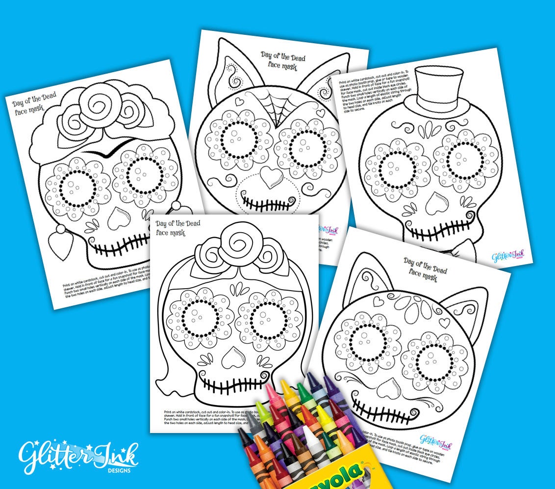 Day of the Dead sugar skull mask coloring pages / Dia de los | Etsy