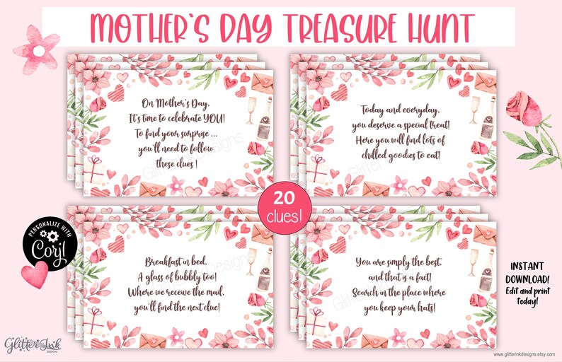 Mother's Day Scavenger Hunt Clue Cards / Happy Mothers Day Treasure ...