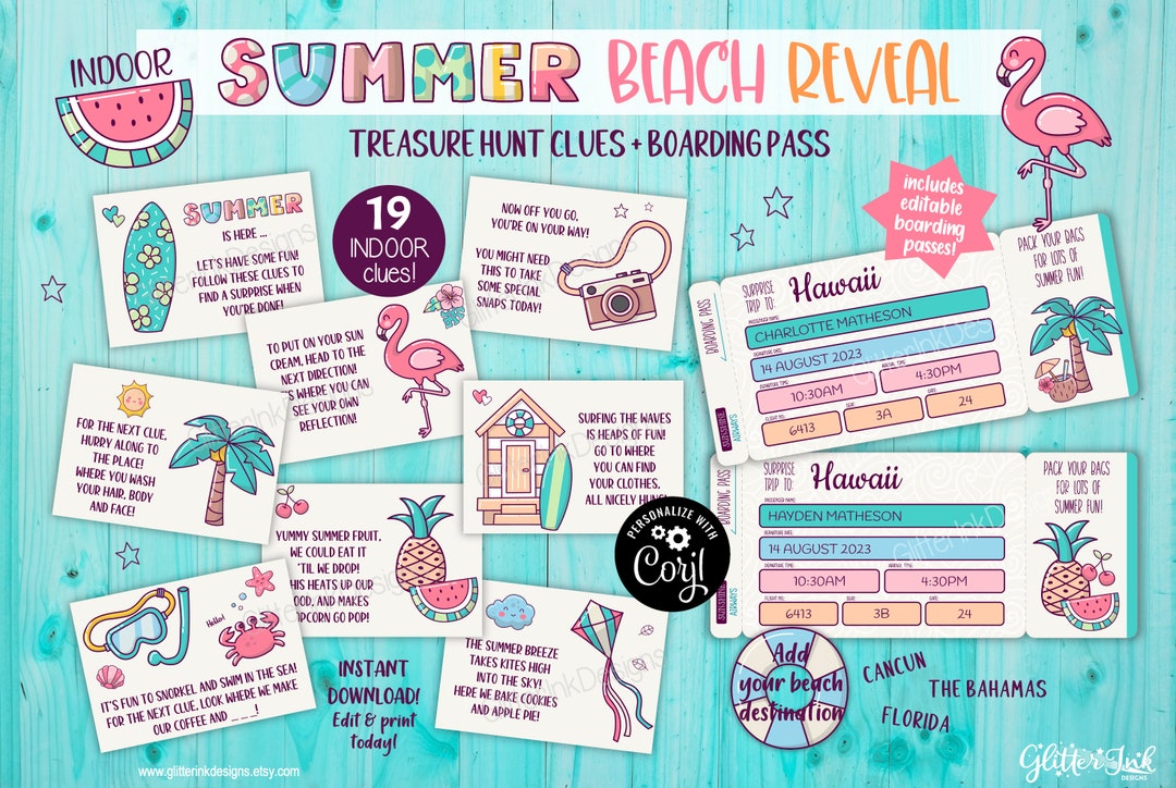 Beach Surprise Trip Reveal Scavenger Hunt & Printable Tickets, Summer ...