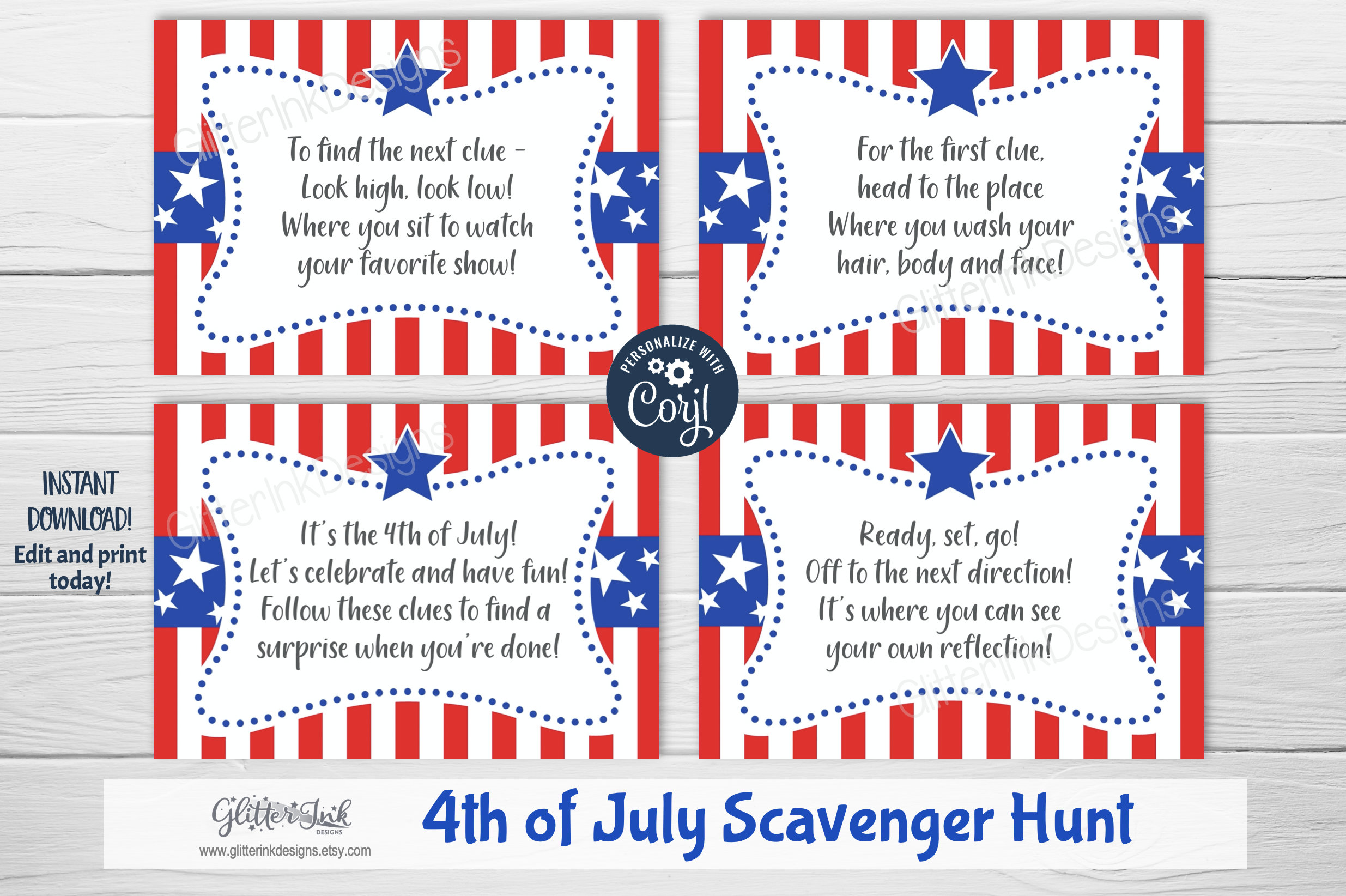 4th of July Scavenger Hunt Clue Cards / Fourth of July Treasure Hunt ...