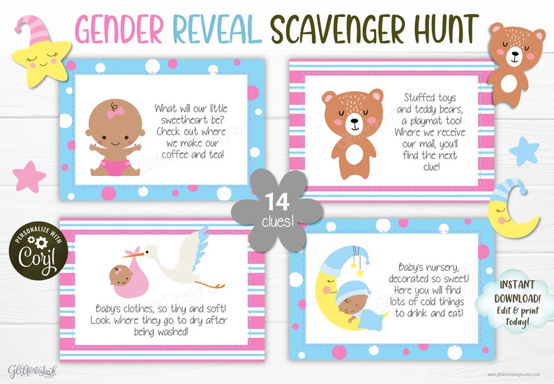 Gender Reveal Scavenger Hunt Clue Cards for Baby Shower Party Games ...