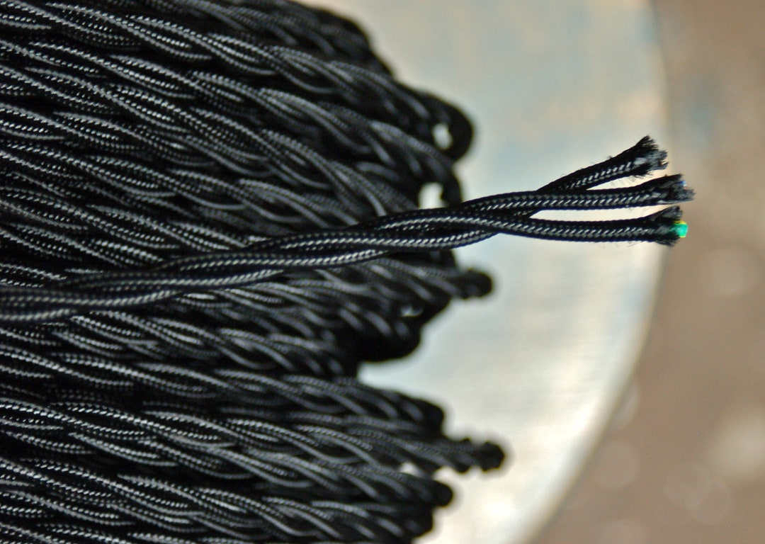 6 Feet: Black Cloth Covered 3-wire Twisted Cord, Vintage Style Rayon ...