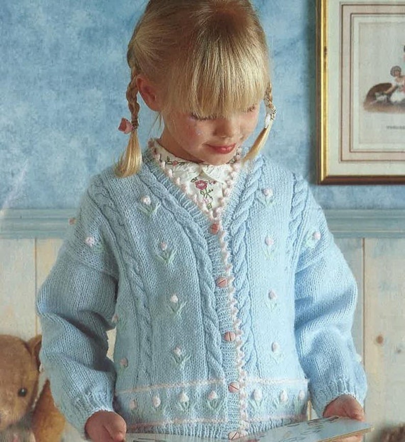 Knitting Pattern Girls Jumper, Cardigan, Sweater 20ins 30ins DK Yarn ...