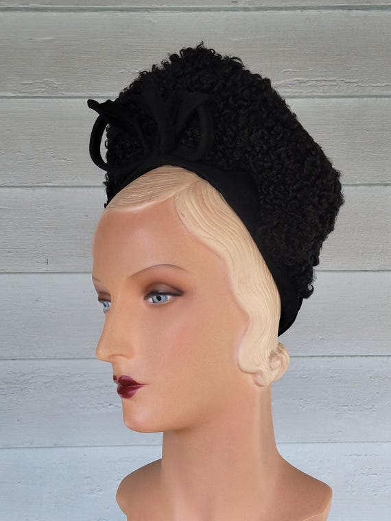 1940's Black Persian Lamb Wool Felt Hat with Hatpin - Gem
