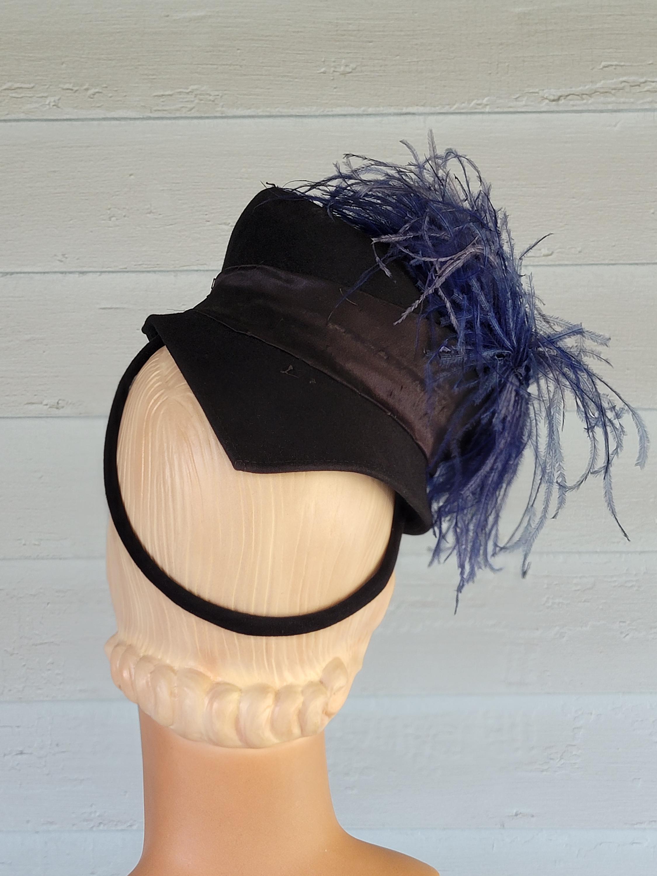 1940's Black Wool Felt Tilt Topper Hat With Blue Ostrich Feathers - Etsy