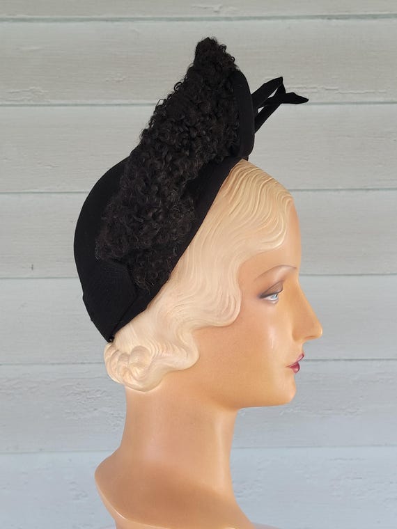 1940's Black Persian Lamb Wool Felt Hat with Hatpin - Gem
