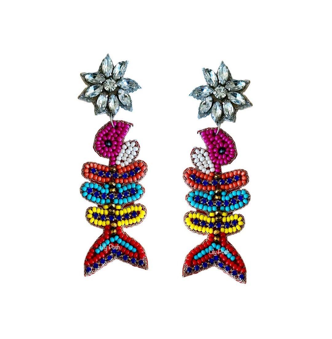 Fishbone Earring, Beaded Fish Earring, Goldfish, Koi, Angelfish, Beach ...
