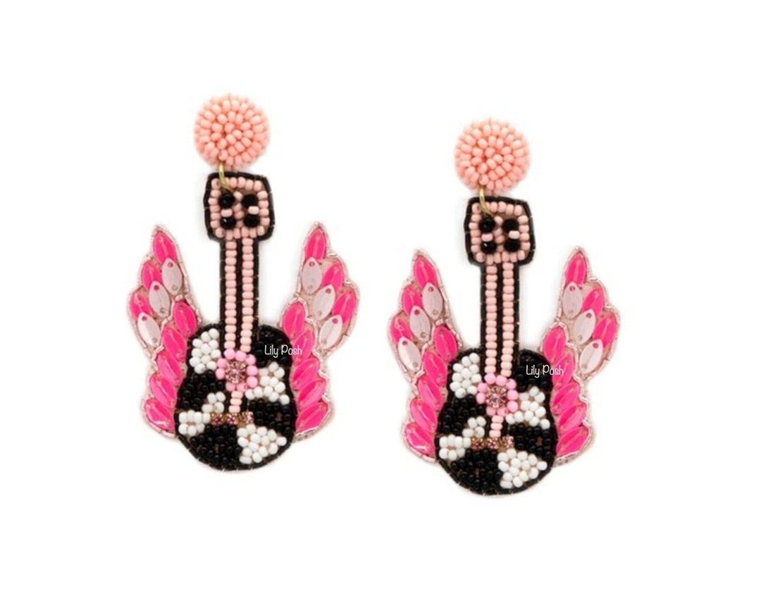 NEW Pink Guitar Earring, Electric Guitar Earring, Seed Bead Earring ...