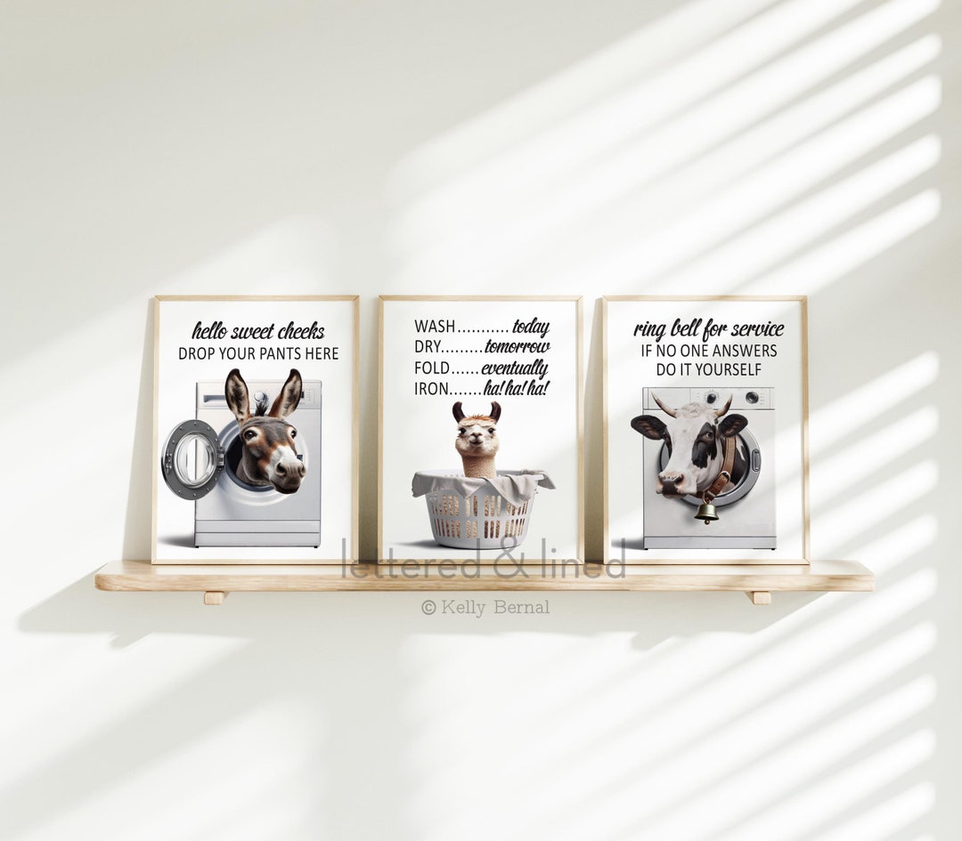 Laundry Wall Art Funny Animals Set 3 Cow Ring Bell Service Donkey Llama ...