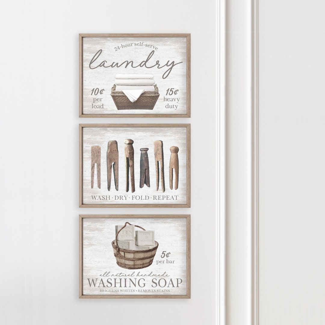Laundry Wall Decor Art | Laundry Basket Clothespins Washing Soap Set of ...