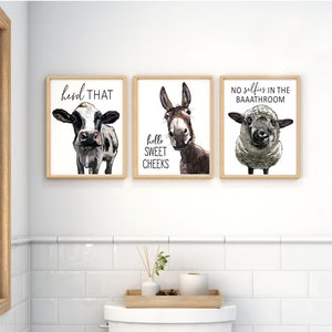 Set of 3 Bathroom Art Cow Donkey Sheep Bathroom Wall Decor | Funny ...