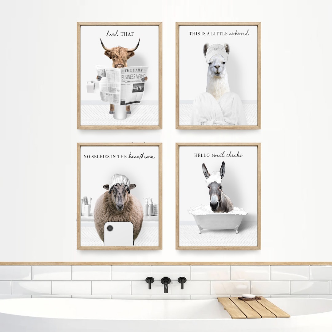 Set of 4 Custom Bathroom Art: Highland Cow Herd That, Llama A Little ...