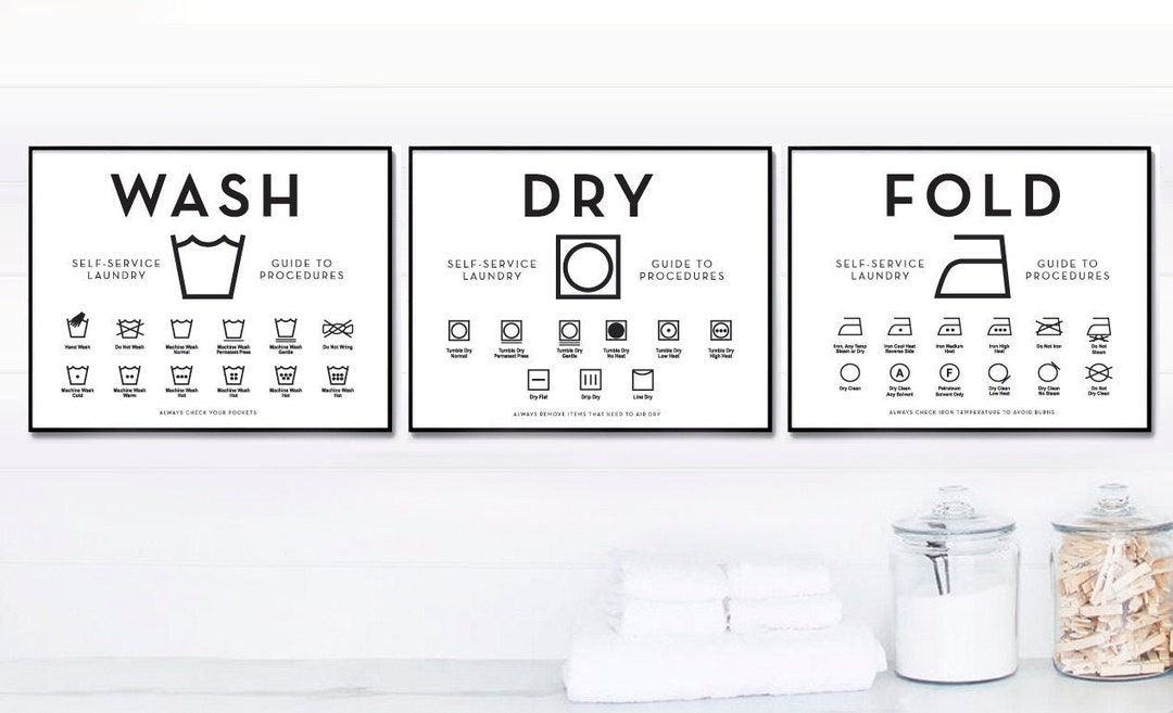 Set of 3 Wash Dry Fold Laundry Symbol Guide HORIZ Laundry Wall - Etsy