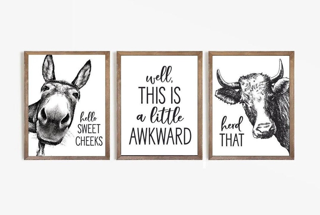 Set of 3 Funny Bathroom Art Donkey Awkward Cow Bathroom Wall Decor ...