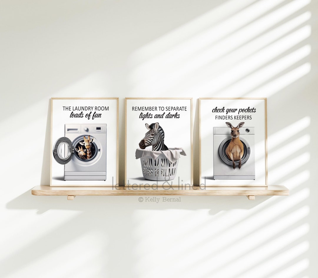 Laundry Wall Art Funny Wild Animals Washing Machine Basket Set 3 ...