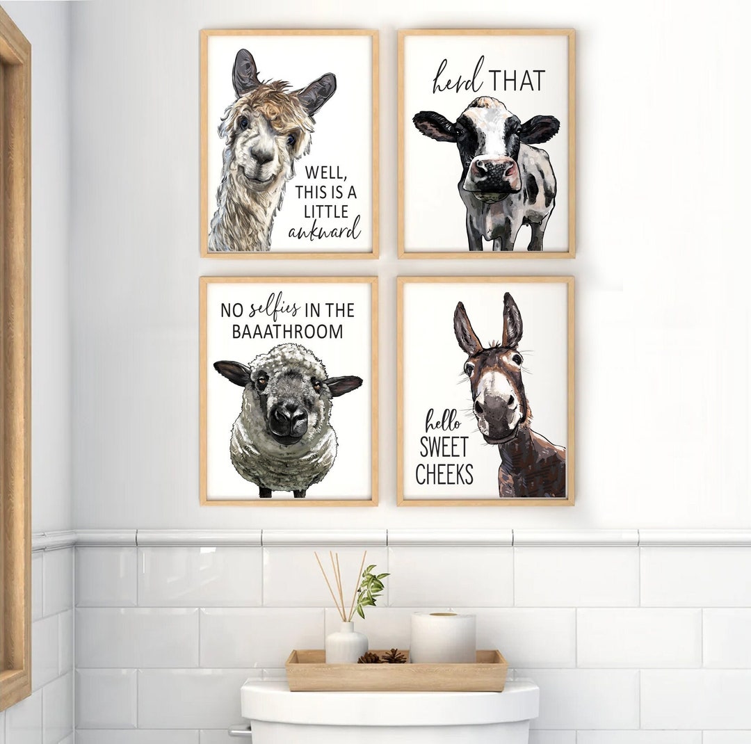 Funny Bathroom Art | Set of 4 Animals Bathroom Wall Art Llama Cow Donkey | Farmhouse Bathroom ...