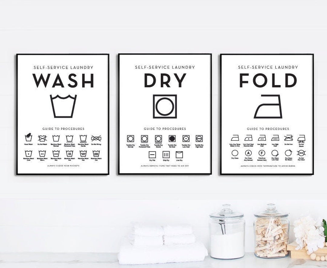 Laundry Wall Decor Art | Wash Dry Fold Clothing Symbol Guide VERT Set ...