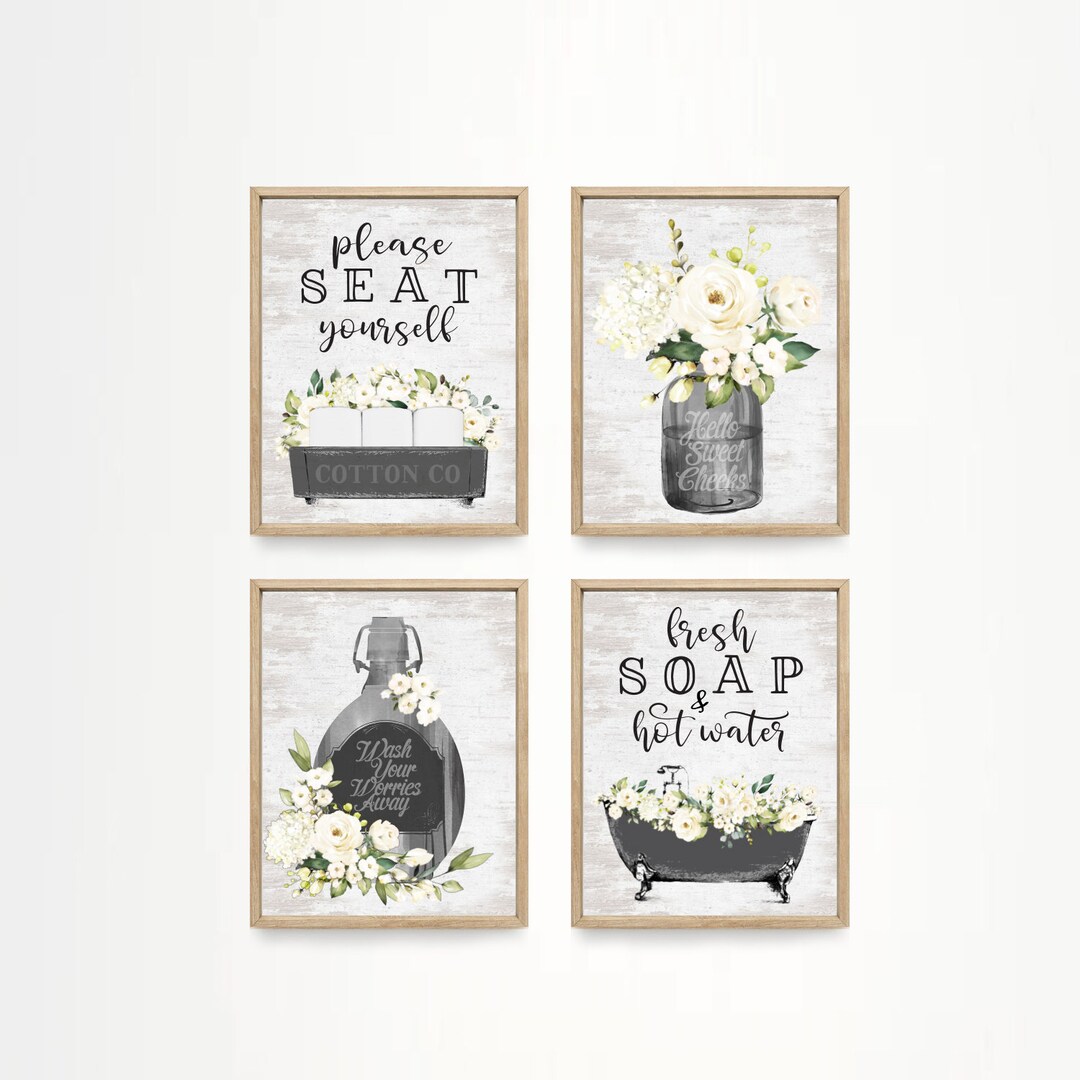 4pc Bathroom Wall Art White Floral BLACK Bathroom Wall Decor | Set of 4 ...