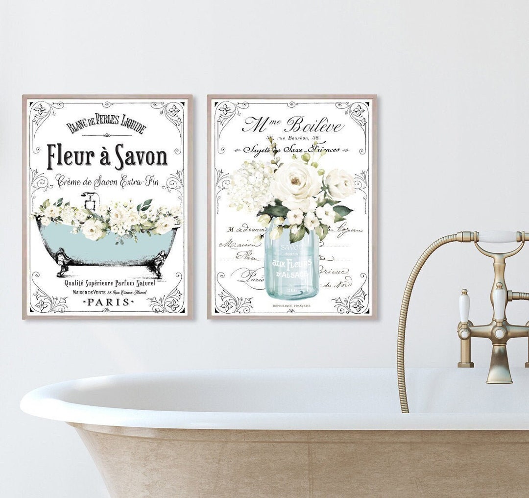 Set of 2 Blue Floral French Bathroom Wall Art | French Bathroom Wall ...