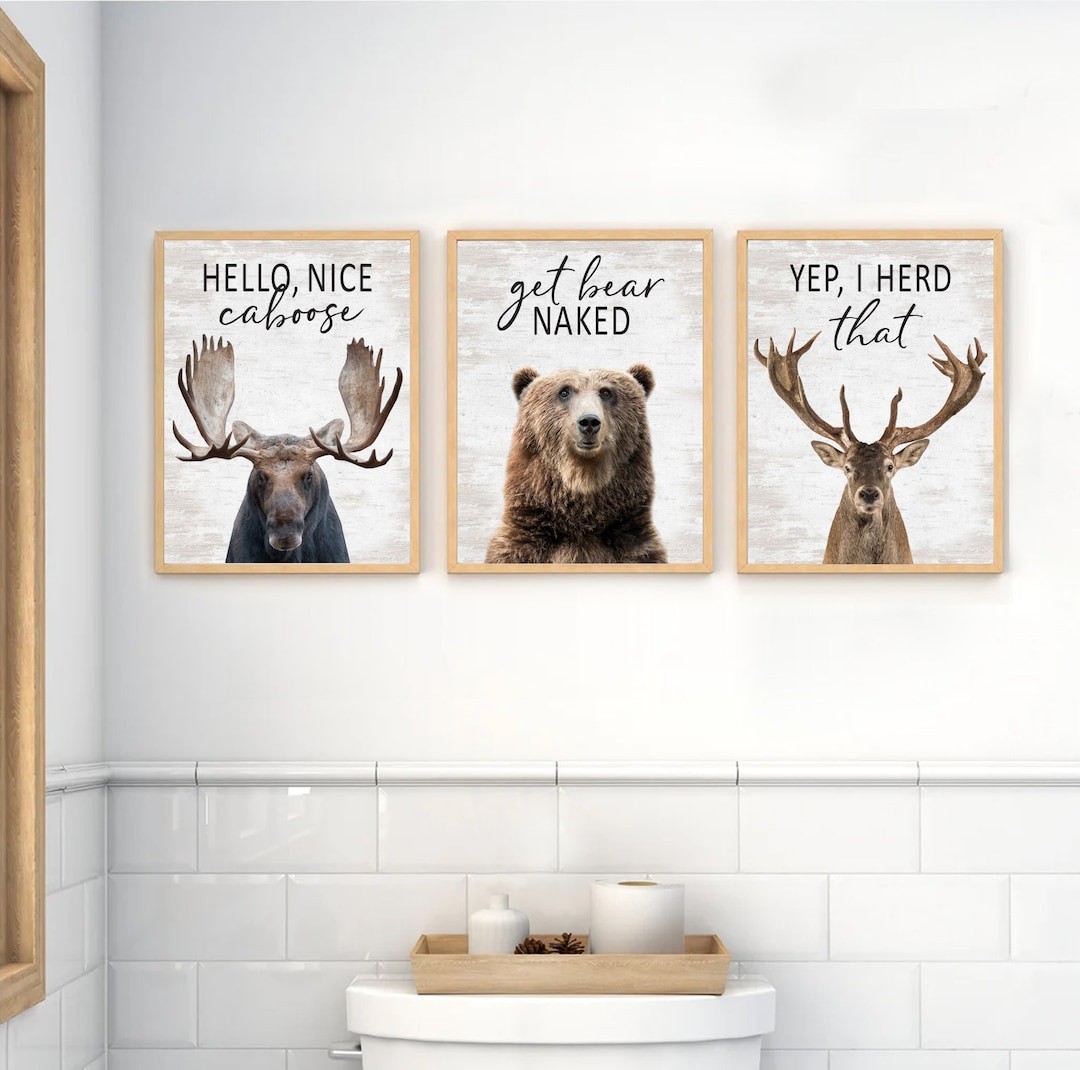 Funny Animal Photo Bathroom Wall Art Set | Moose, Bear, Deer (prints ...