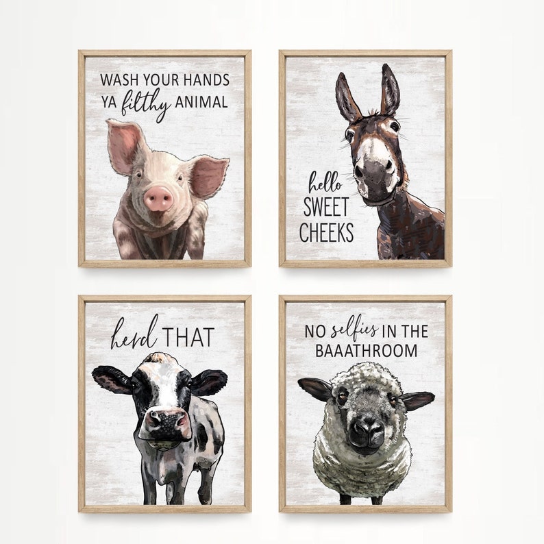 Farmhouse Funny Animal Bathroom Wall Art Set | Cow, Donkey, Pig, Sheep ...