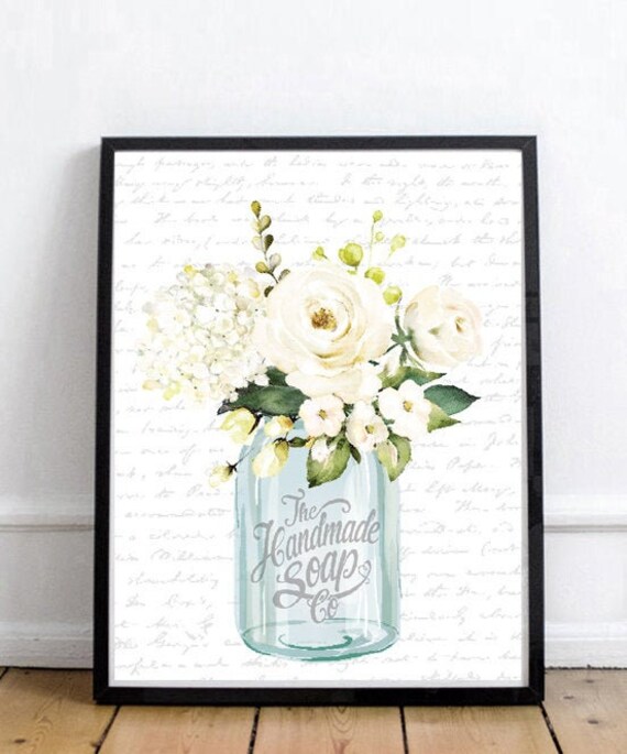 Blue Mason Jar White Floral Bathroom Wall Art Custom - Etsy