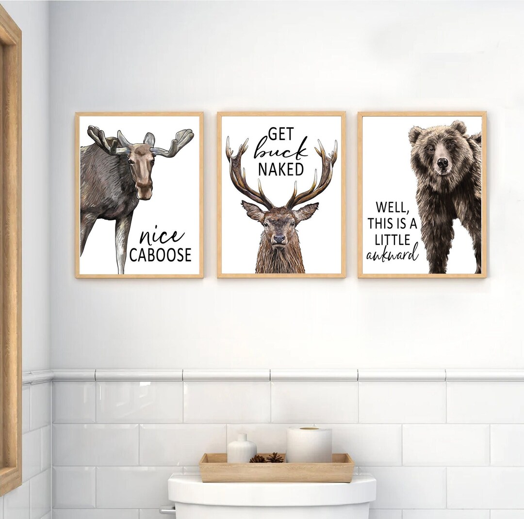 Set of 3 Funny Bathroom Art Cheeky Moose, Bear & Deer Bathroom Wall ...