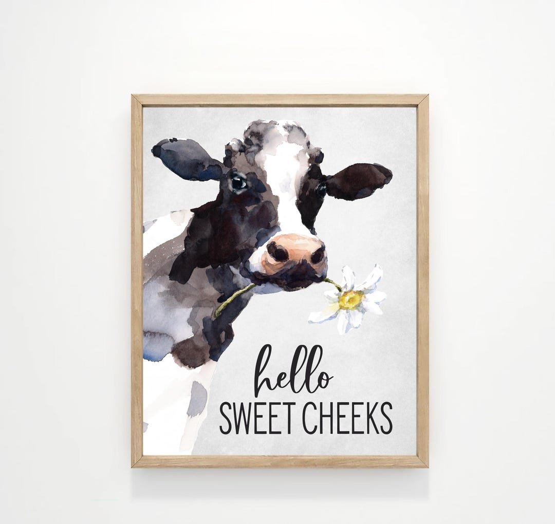 Hello Sweet Cheeks Cow Daisy Funny Bathroom Wall Art | Modern Farmhouse ...