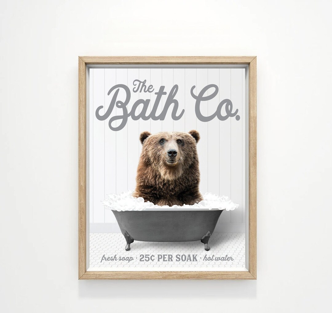 Brown Bear the Bath Co Black Tub Bathroom Wall Art Decor Funny Bathroom ...
