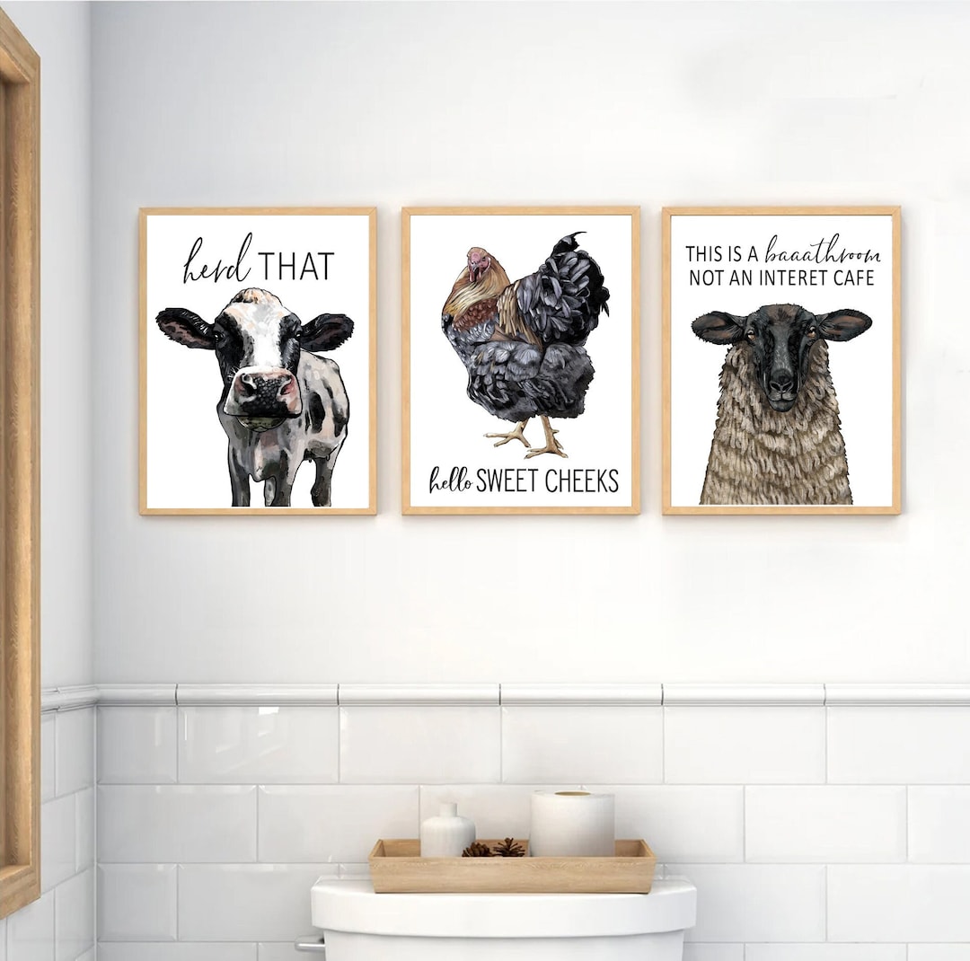Set of 3 Bathroom Art Cow Chicken Sheep Bathroom Wall Decor | Funny ...