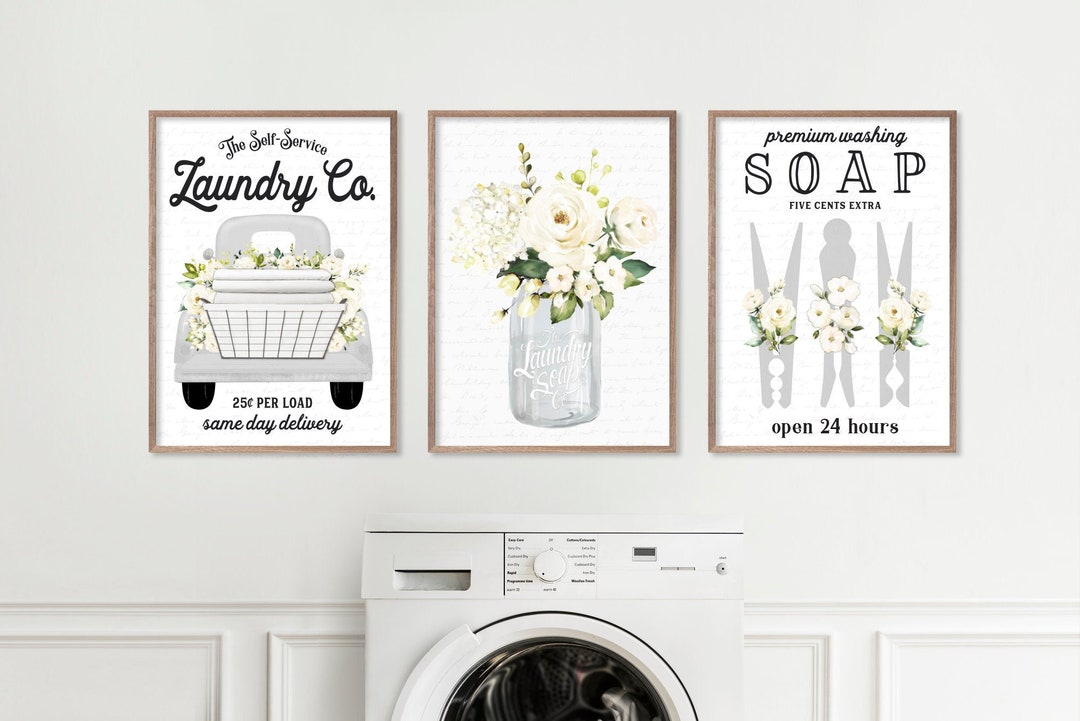 Laundry Room Wall Decor Art | White Laundry Co Floral Set of 3 ...